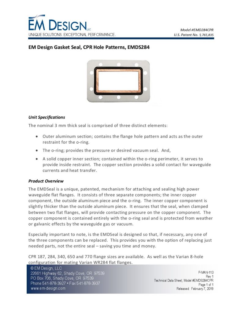 Waveguide Gasket Seal, CPR 284 - EM Design, LLC